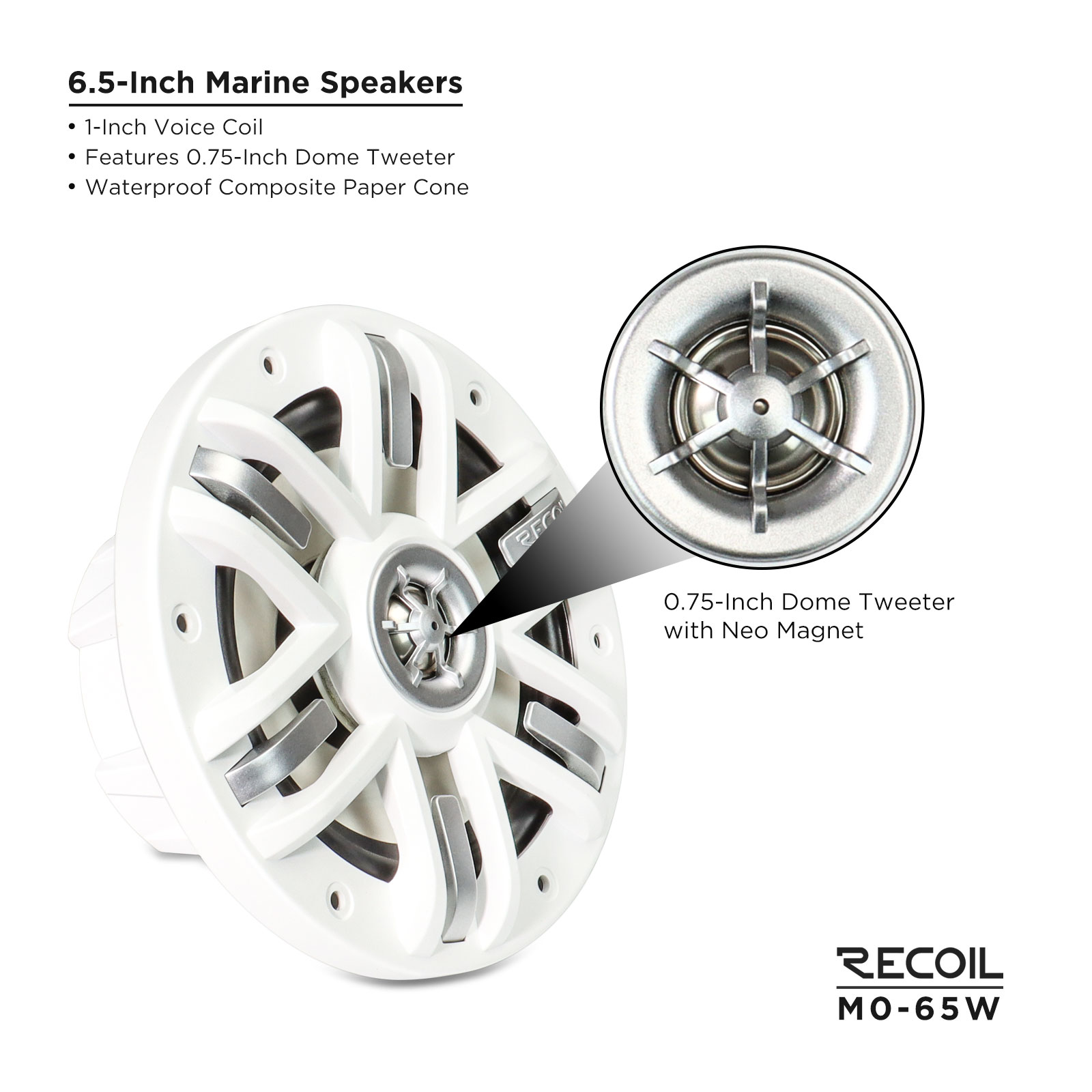 M0-65W M0 Series 6.5 Inch 2-Way Marine Boat & UTV/ATV Coaxial Speakers, One Pair White Grilles ...